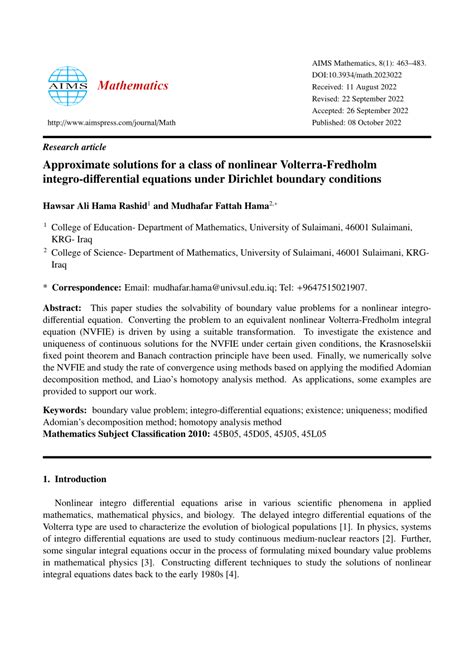 Pdf Approximate Solutions For A Class Of Nonlinear Volterra Fredholm