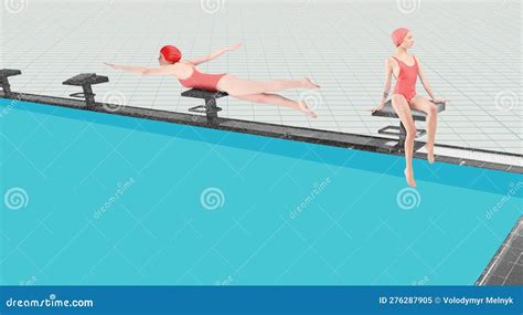 Two Young Girls Swimming Athletes In Red Swimsuits And Cam Training