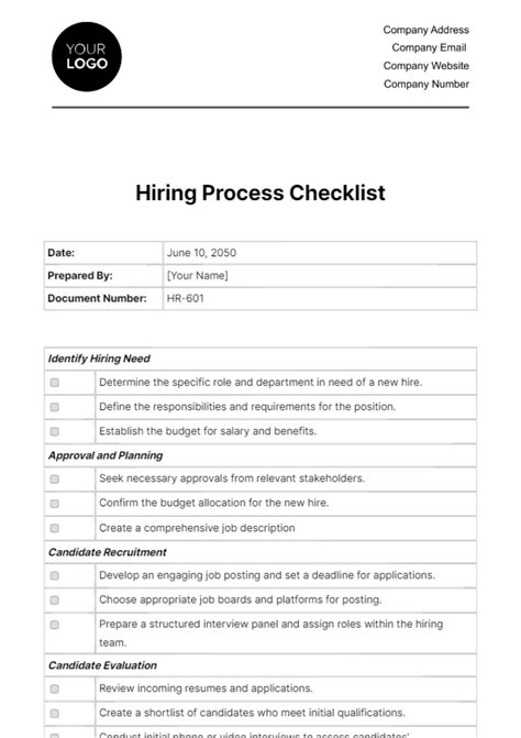 Free Hiring Process Checklist Hr Template To Edit Online