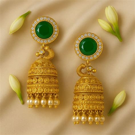 Royal Emerald Dome Jhumkas With Pearl Drops Antique Gold Finish In P