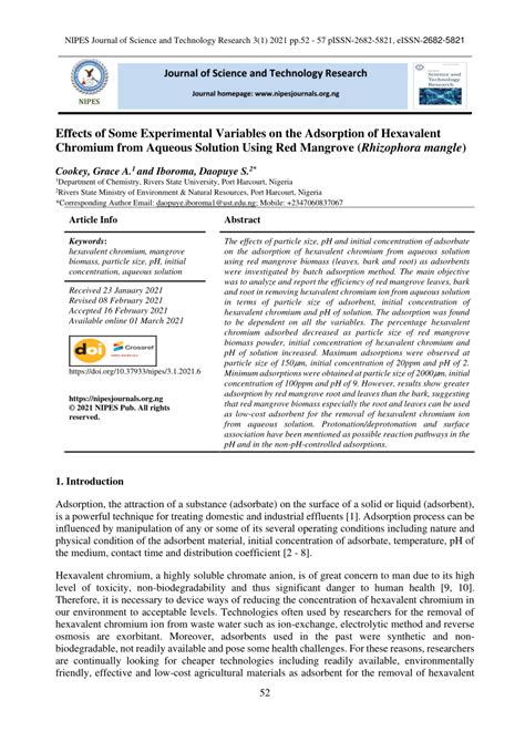 Pdf Effects Of Some Experimental Variables On The Adsorption Of Hexavalent Chromium From