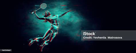 검은 배경에 배드민턴 선수의 추상적인 실루엣 배드민턴 선수 여자가 셔틀콕을 때린다 3차원 형태에 대한 스톡 사진 및 기타 이미지 3차원 형태 Championship