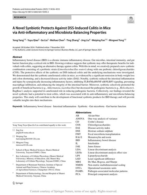 A Novel Synbiotic Protects Against Dss Induced Colitis In Mice Via Anti Inflammatory And
