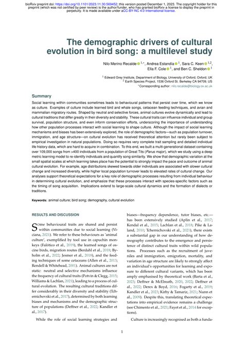 Pdf The Demographic Drivers Of Cultural Evolution In Bird Song A