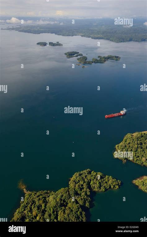 Panama Panama Canal Panamax Cargo And Small Islands On Gatun Lake