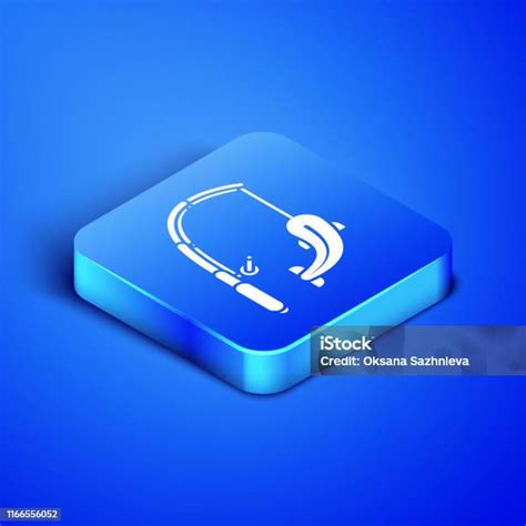 파란색 배경에 격리 된 등각 칭시 대와 물고기 아이콘입니다 큰 물고기를 잡아라 낚시 장비 및 어류 양식 주제 파란색 사각형 버튼입니다 벡터 일러스트레이션 강에 대한 스톡