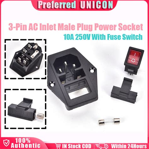 V A Pin IEC C Inlet Module Plug Fuse Switch Male Power Socket AC A With Fuse Switch