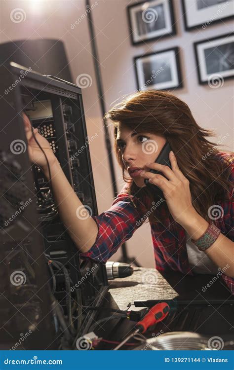 Woman Fixing Computer Stock Photo Image Of Hacker Maintenance