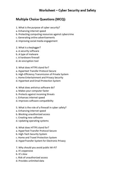 Cyber Security Worksheet Pdf Security Computer Security