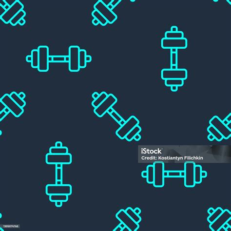 녹색 선 아령 아이콘 은 파란색 배경에 원활한 패턴을 격리 근육 리프팅 아이콘 피트니스 바벨 체육관 스포츠 장비 운동 범벨 벡터