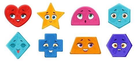 얼굴 감정과 다양한 밝은 기본 기하학적 모양의 세트 다양한 형태 아이들을위한 귀여운 재미있는 캐릭터 격리된 벡터 일러스트 레이 션 개체 그룹에 대한 스톡 벡터 아트 및 기타