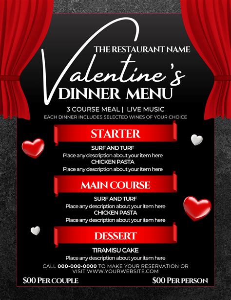 Editable Menu Template Valentines Day Dinner Menu Pre Fixe Dinner