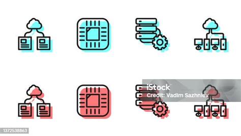 라인 서버 및 기어 클라우드 기술 데이터 전송 Cpu 및 컴퓨터 네트워크 아이콘이 있는 프로세서를 설정합니다 벡터 Cpu에 대한