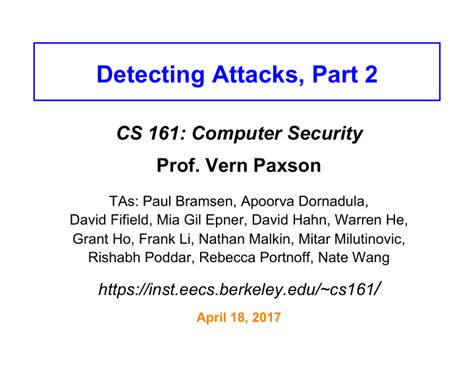Ppt Detecting Attacks Part 2 Cs 161 Computer Security Prof Vern Paxson Powerpoint