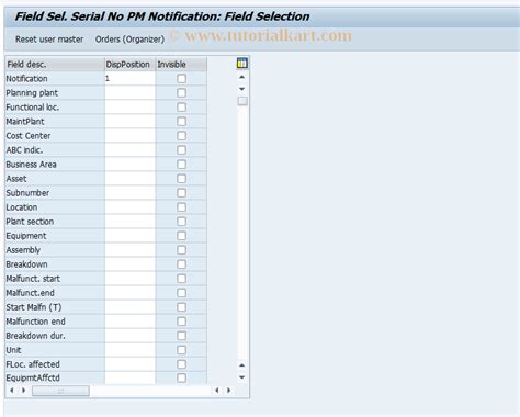 OIRR SAP Tcode Field Sel Serial No PM Notification