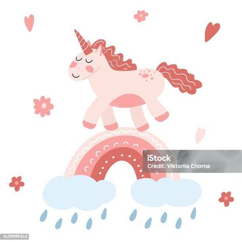 만화 플랫 스타일의 구름과 빗방울이있는 무지개에 귀여운 유니콘 아기 말의 벡터 일러스트 레이 션 직물 인쇄 의류 어린이 섬유