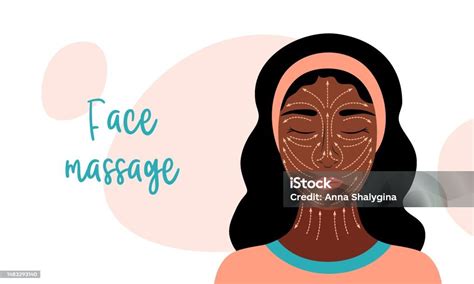 얼굴 마사지 그림입니다 노화 방지 얼굴 마사지의 규칙이 있는 벡터 배너입니다 아름다움과 젊음 아름다운 아프리카계 미국인 여성과 점선 화살표가 있는 인포그래픽 인물 사진에