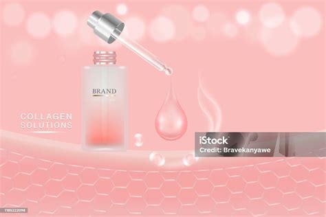 뷰티 제품 광고 디자인 콜라겐 용액 광고 배경이있는 분홍색 화장품 용기 고급 스킨 케어 배너 일러스트 벡터 개념에 대한 스톡 벡터 아트 및 기타 이미지 Istock