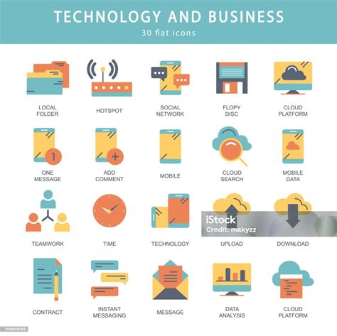 비즈니스와 마케팅 프로그래밍 데이터 관리 인터넷 연결 소셜 네트워크 컴퓨팅 정보 선 블루 아이콘 세트입니다 평면 벡터 일러스트 레이 션 검색에 대한 스톡 벡터 아트 및 기타