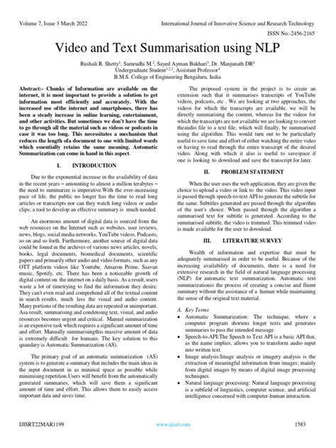 Video And Text Summarisation Using Nlp Pdf Computing Cognitive