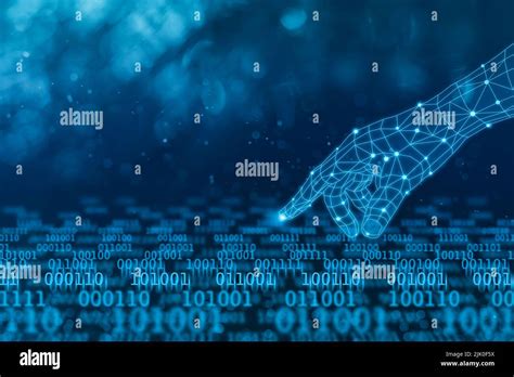 digital hand touching binary data flow in dark blue background abstract technology concept