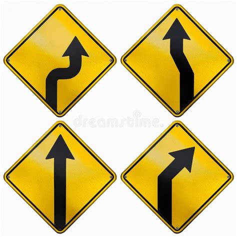 Group Of Four Yellow Road Signs With Black Arrows Stock Illustration