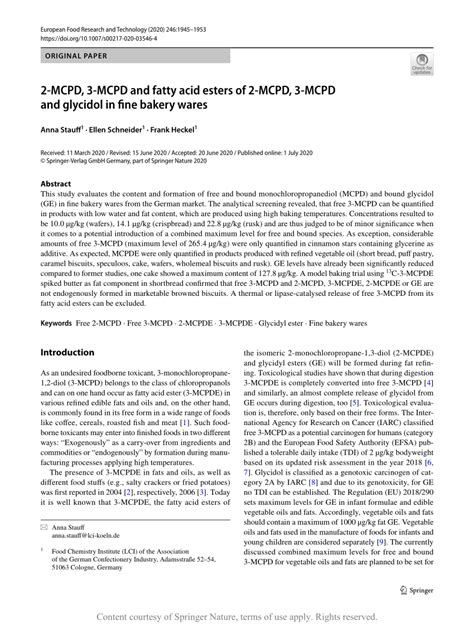 2 Mcpd 3 Mcpd And Fatty Acid Esters Of 2 Mcpd 3 Mcpd And Glycidol In