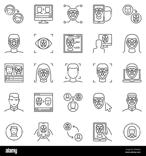 Face Recognition And Authentication Outline Icons Set Vector Deepfake Technology Concept