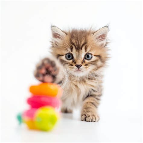 Cute Fluffy Kitten Playing With Colorful Ball On White Background Stock