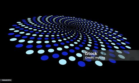 현대 추상적 인 배경입니다 원 형태의 하프톤 파란색 점 라운드 로고 원근법이 있는 벡터 점선 프레임입니다 디자인 요소 또는 아이콘입니다 3차원 형태에 대한 스톡 벡터 아트