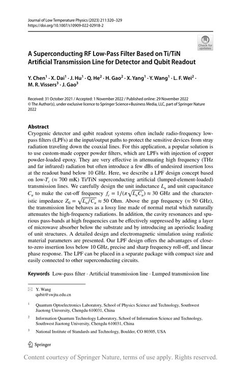 A Superconducting Rf Low Pass Filter Based On Titin Artificial Transmission Line For Detector