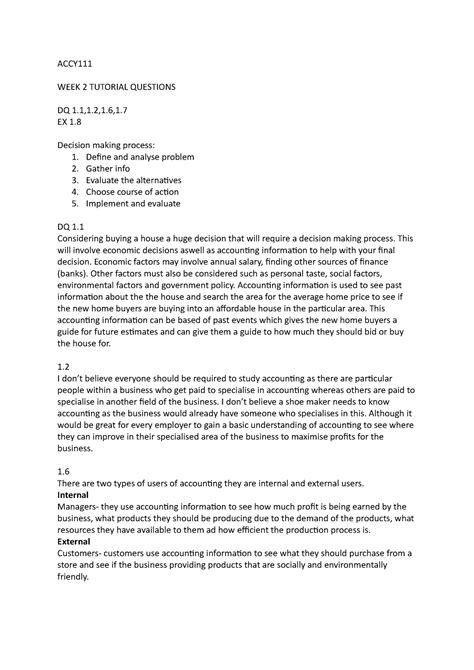 Accy111 This Is Week 2 Tutorial Questions Answered Accy Week 2 Tutorial Questions Dq 1111