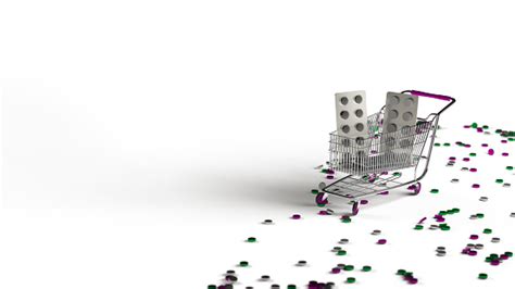 구매 및 쇼핑 의학 개념 흰색 배경에 상점 트롤리에 다양한 캡슐 정제 및 약 공간을 복사합니다 3d 일러스트레이션 3차원 형태에 대한 스톡 사진 및 기타 이미지 Istock