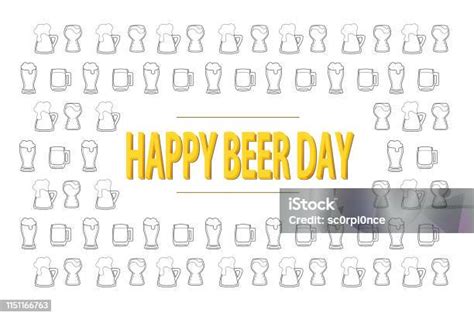 검은 색과 Wfite 개요 맥주 머그잔과 배경에 행복 한 맥주의 날 3d 레터링 국가 축 하 크리에이티브 카드 탬 플레이트 3차원 형태에 대한 스톡 벡터 아트 및 기타