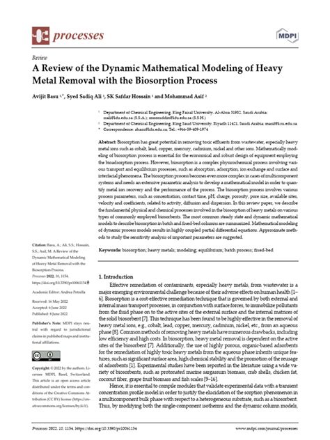 A Review Of The Dynamic Mathematical Modeling Of Heavy Metal Removal With The Biosorption