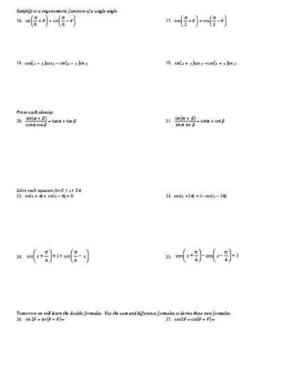Sum And Difference Trig Formulas Notes Worksheet Bellwork Tpt
