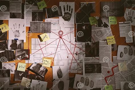 Detective Board With Fingerprints Photos Map And Clues Connected By