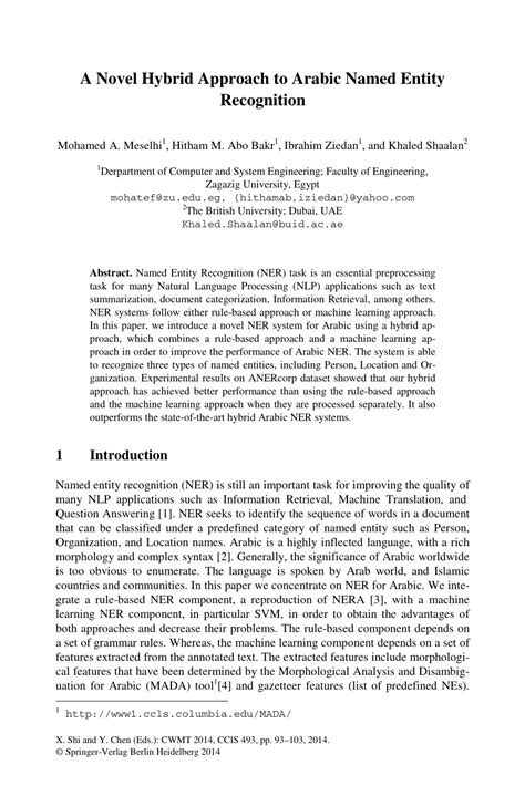 Pdf A Novel Hybrid Approach To Arabic Named Entity Recognition