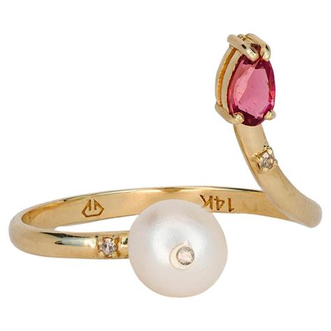 Customizable 14k Gold Ring With Pearl Garnet And Diamonds For Sale At