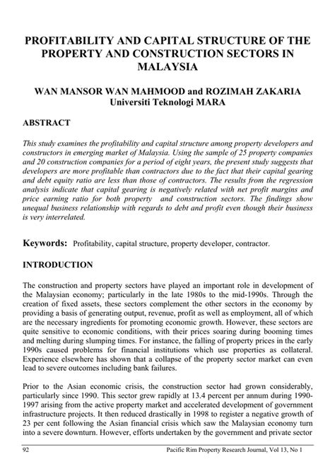 Profitability And Capital Structure Of The Property And Construction Sectors In Malaysia