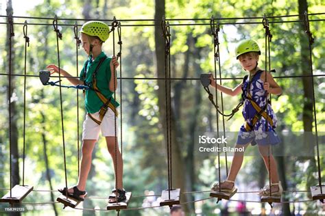 로프 길에 등반 활동에서 보호 하네스와 안전 헬멧에 두 아이 소년과 소녀 거리에 대한 스톡 사진 및 기타 이미지 거리 균형 기술 Istock