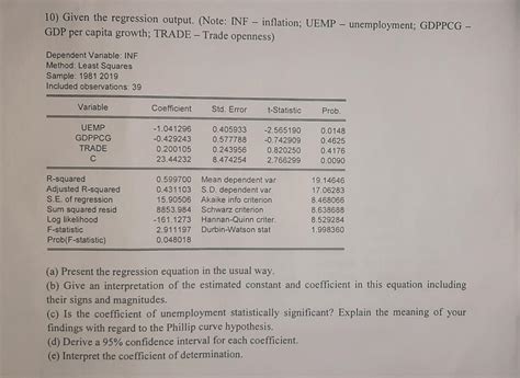Solved 10 Given The Regression Output Note Inf