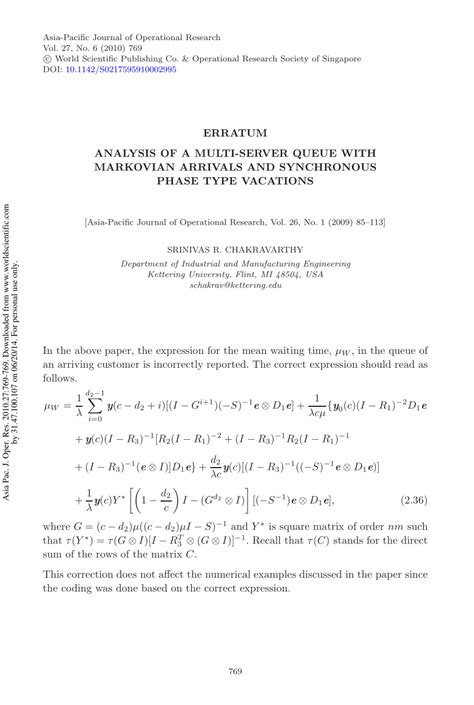 pdf erratum analysis of a multi server queue with markovian