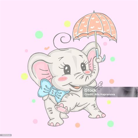 Illustration With Cute Elephant With Little Umbrella Stock Illustration