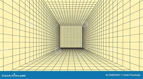 D Wireframe Room On Yellow Background Abstract Perspective Grid Vector Illustration Stock