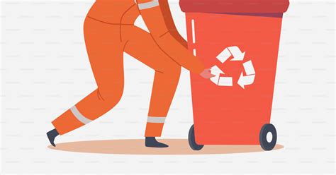 청소 서비스 개념입니다 재활용 쓰레기통이 있는 주황색 유니폼을 입은 청소부 남성 캐릭터 거리 청소부는 도시에서 쓰레기와 쓰레기를 수거하고 사람들은 쓰레기를 분류합니다