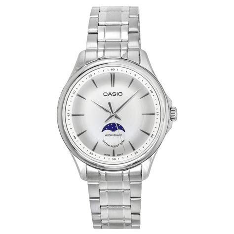 Casio Standard Analog Moon Phase Stainless Steel Silver Dial Quartz Mens Watch