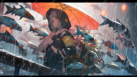 비 애니메이션 만화 스타일 일러스트 배경 디자인 벽지에 귀여운 Lofi 소녀 Generative Ai 프리미엄 사진