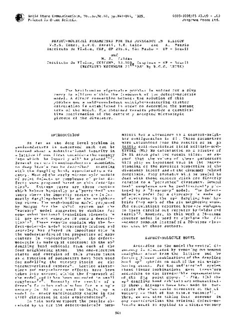 Pdf Defect Molecule Parameters For The Divacancy In Silicon