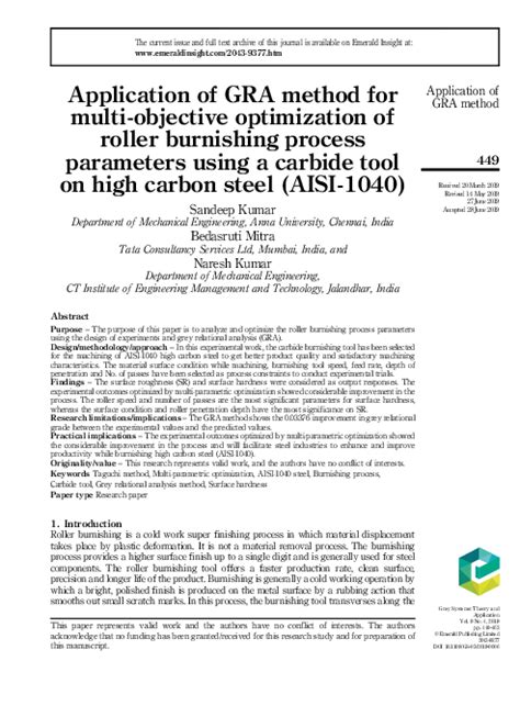 Pdf Application Of Gra Method For Multi Objective Optimization Of